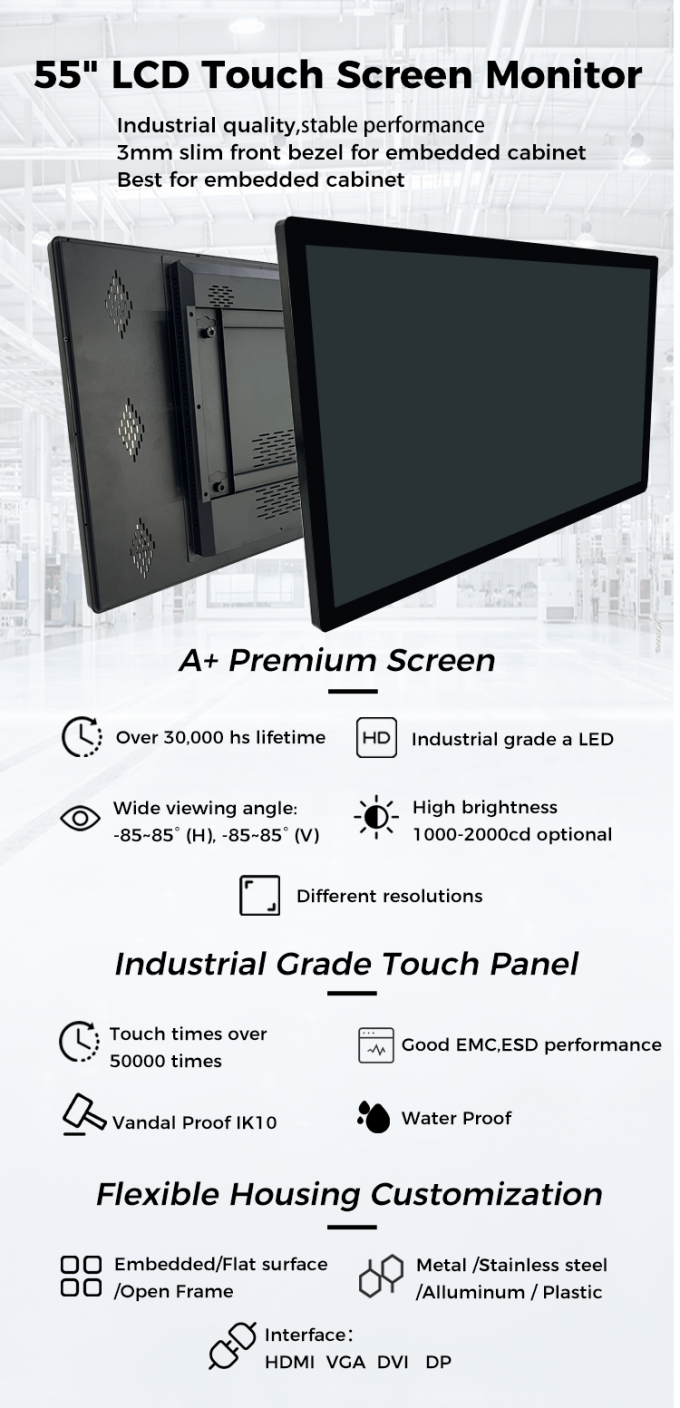 55 Inch Waterproof Capacitive Touch Screen Monitor Multi Touch Points Wall Mount