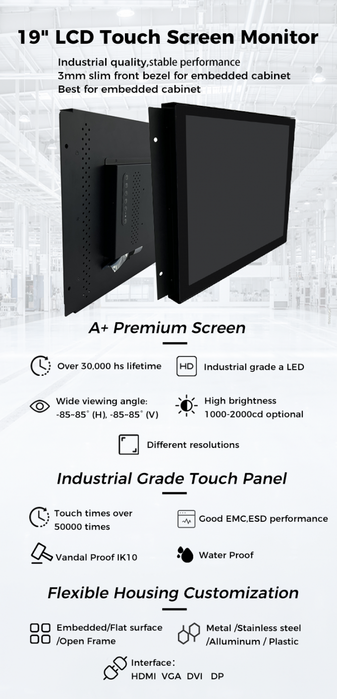 1000cd/M2 Open Frame Monitor , 19 Inch Touch Screen Monitor For Outdoor ...